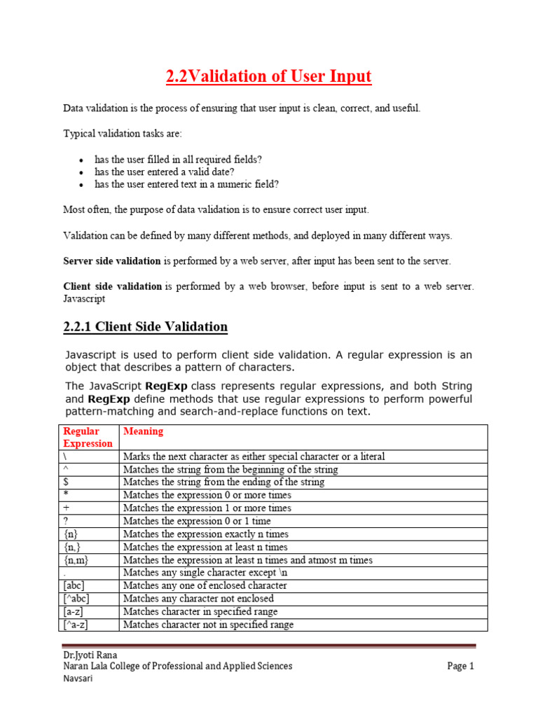 Unit 22 Validation Of User Input Pdf Regular Expression Java Script 3106