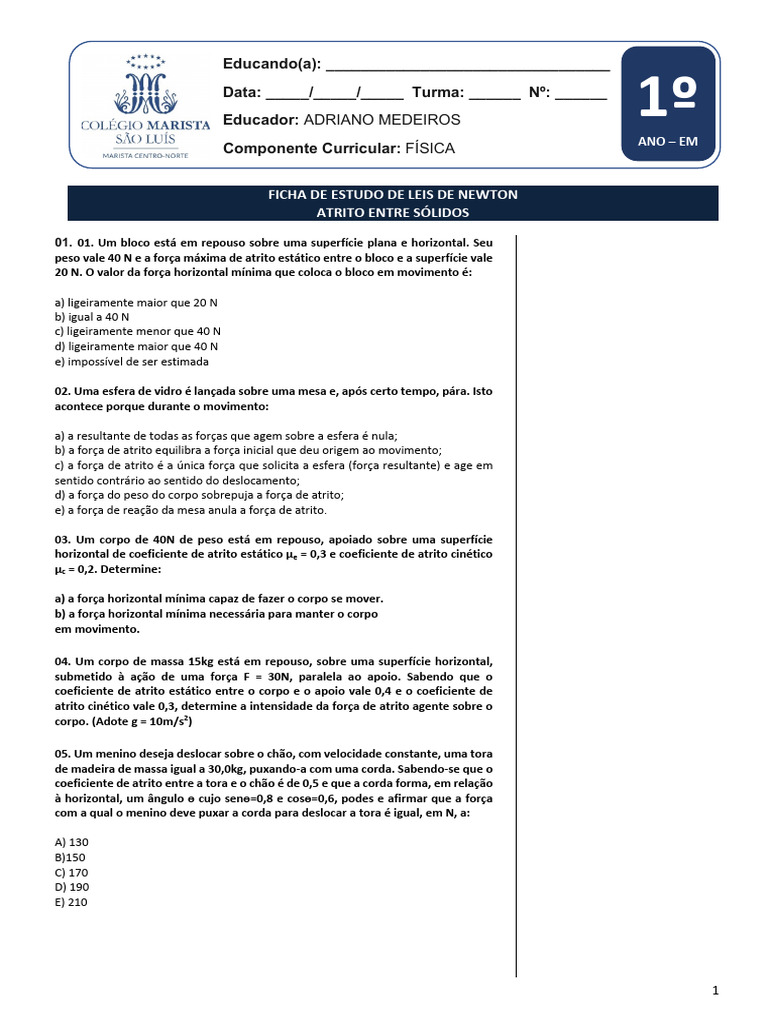 Ficha 09 - Leis de Newton (ATRITO) | PDF