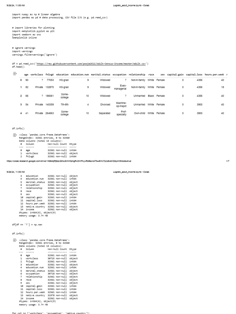 Logistic - Adult - Income - Ipynb - Colab | PDF