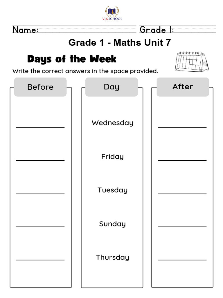 Grade 1 - Maths Unit 7 - Days and Months | PDF