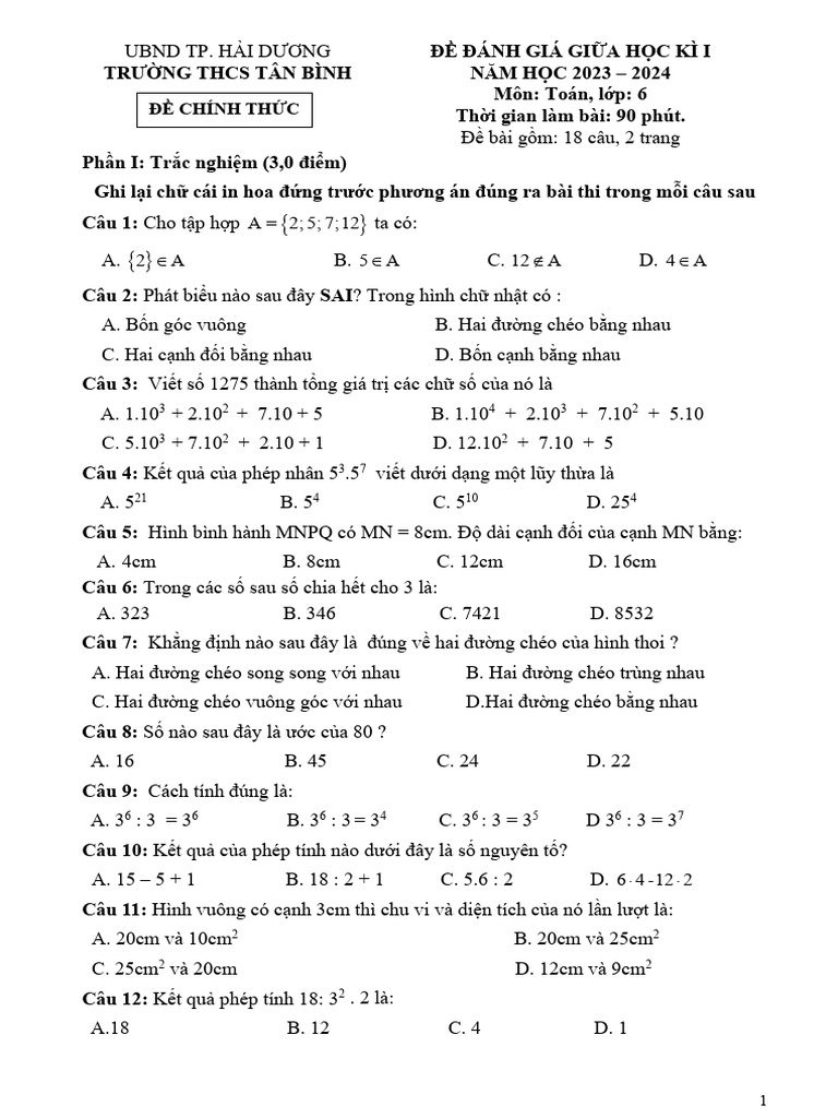 De Giua Hoc Ki 1 Toan 6 Nam 2023 2024 Truong Thcs Tan Binh Hai Duong | PDF
