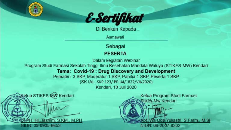 Sertifikat Webinar 2 Prodi Farmasi STIKES Mandala Waluya Kendari | PDF