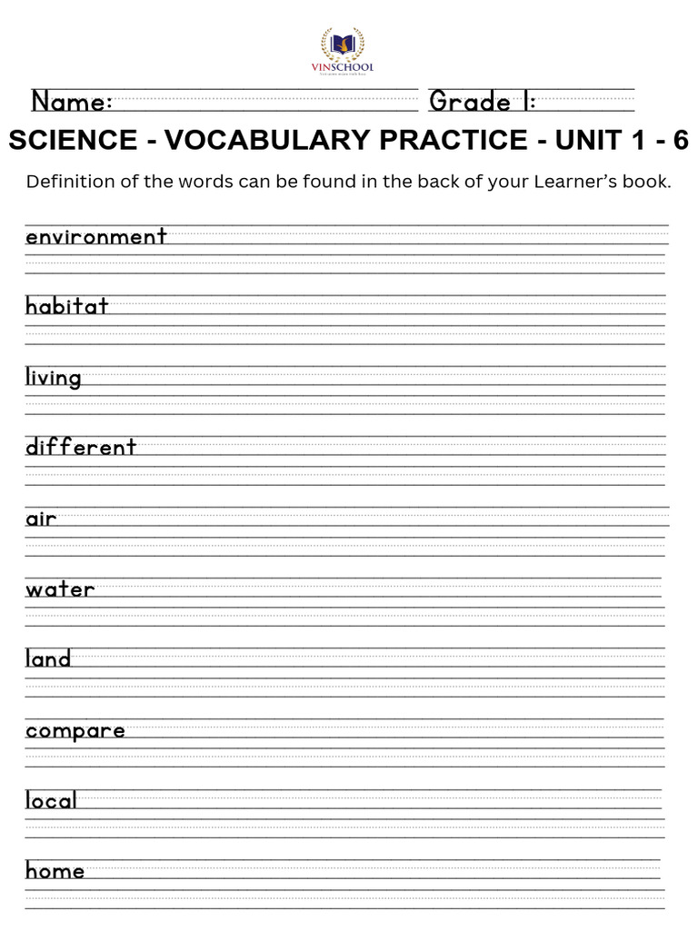 Science Vocabulary Grade 1 Unit 1 6 | PDF