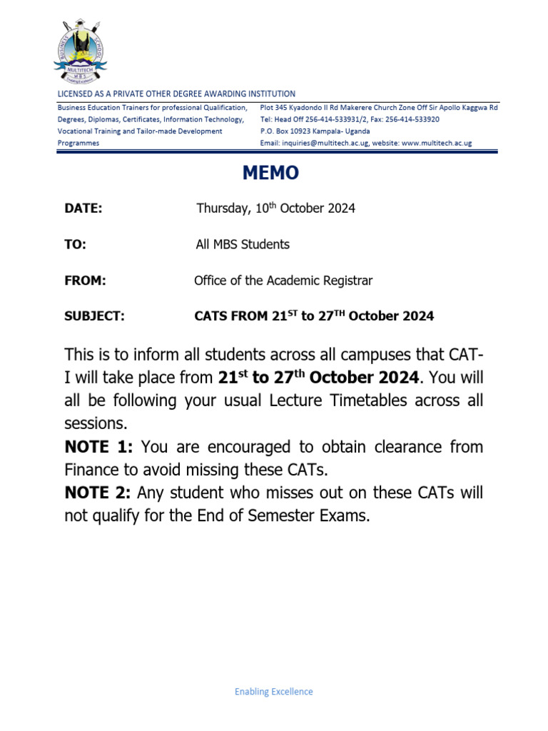 Memo-CATS To Students | PDF