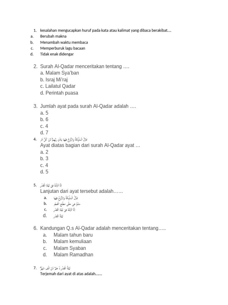 Soal ASAT - KELAS 7 - Q.S AL QADAR | PDF