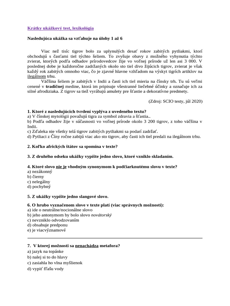 Ukazkovy Test Lexikologia | PDF