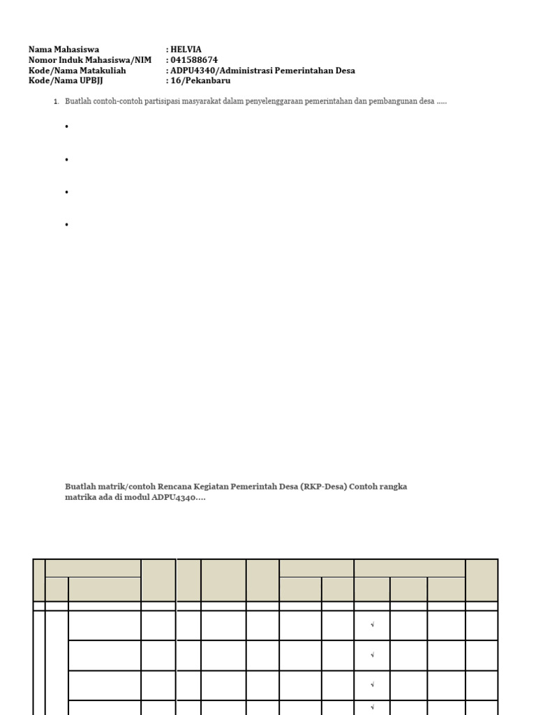 Jawaban Tugas I Administrasi Pemerintahan Desa Adpu4340 | PDF