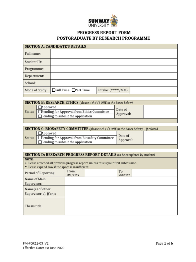 PGR Progress Report Form - FM-PGR12-03 - V2 | PDF