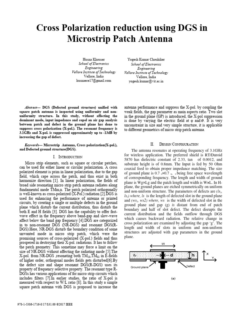 Cross Polarization Reduction Using DGS in Microstrip Patch Antenna-Conf - Cutted | PDF