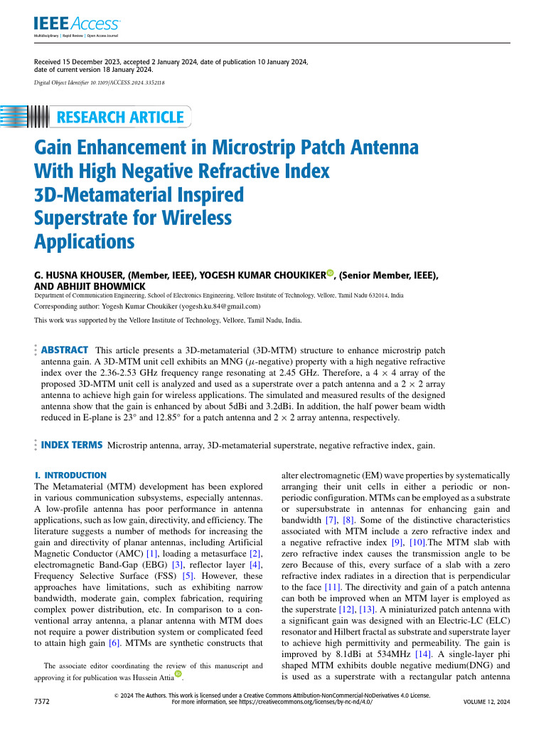 Gain Enhancement in Microstrip Patch Antenna With High Negative Refractive Index 3D-Metamaterial ...