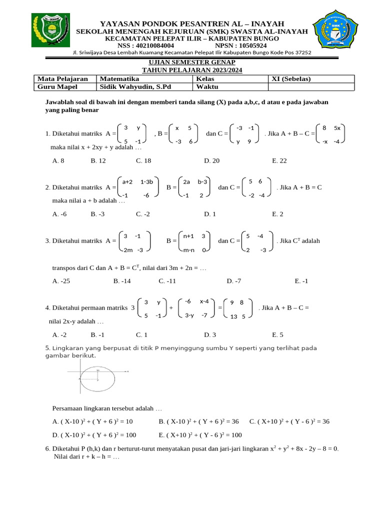 Soal Uas Genap MTK Kls Xi 2024 | PDF