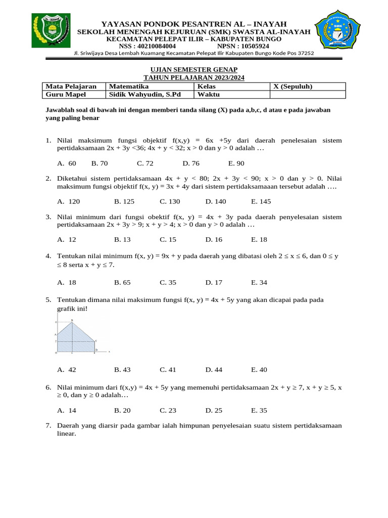 Soal Uas Genap MTK Kls X 2024 | PDF