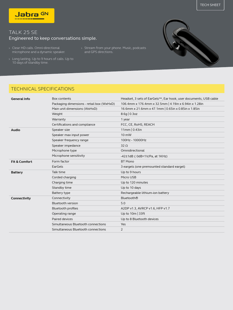 Jabra Talk 25 SE Tech Sheet en | PDF | Bluetooth | Microphone