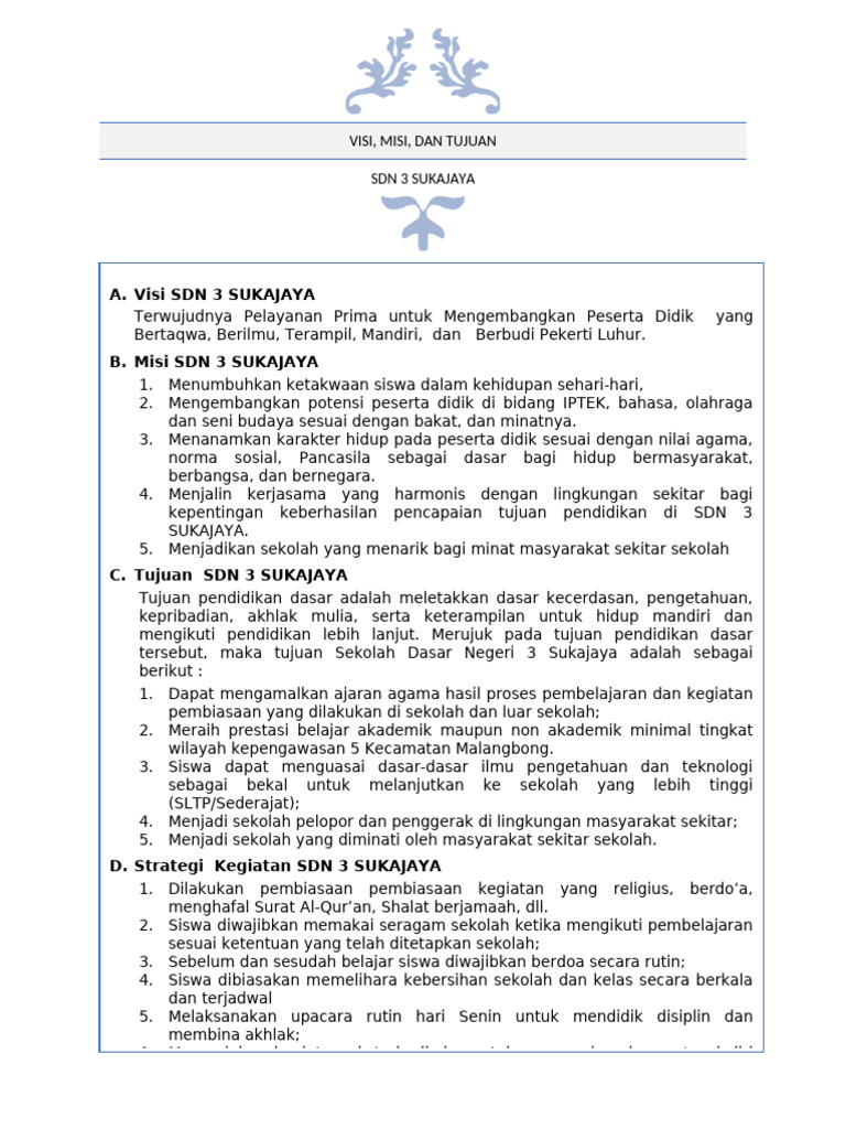 Visi, Misi, Dan Tujuan - SDN 3 Sukajaya | PDF