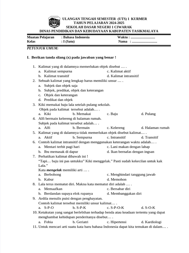 PTS B.indo KLS 1 | PDF