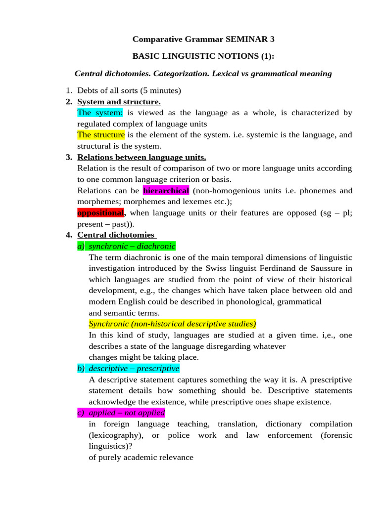 Seminar 3 Basic Linguistic Notions | PDF