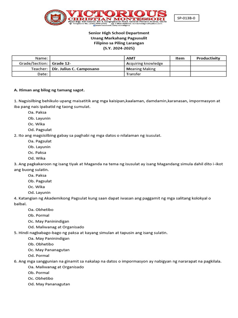 1st Sem. Midterm Exam - Piling Larang | PDF