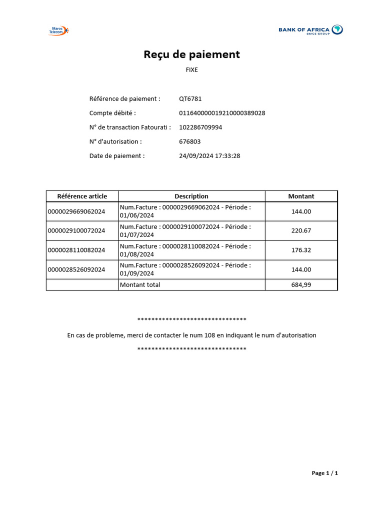 Recu Paiement Droit D’Examen – Paiement frais de scolarité – ICFW