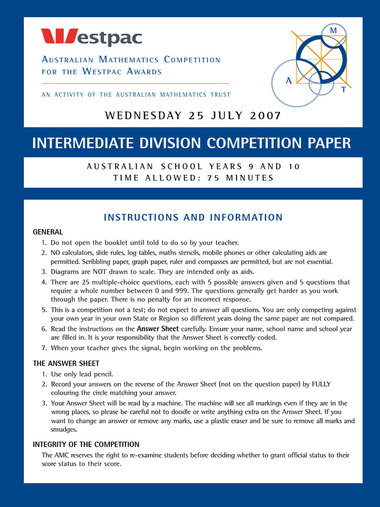 Intermediate Division Competition Paper: 2 5 J U Ly 2 0 07 | PDF