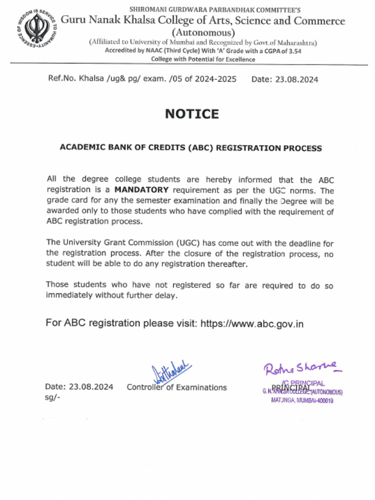 Ug& Pg-05 of 2024-2025 Notice ABC Id | PDF