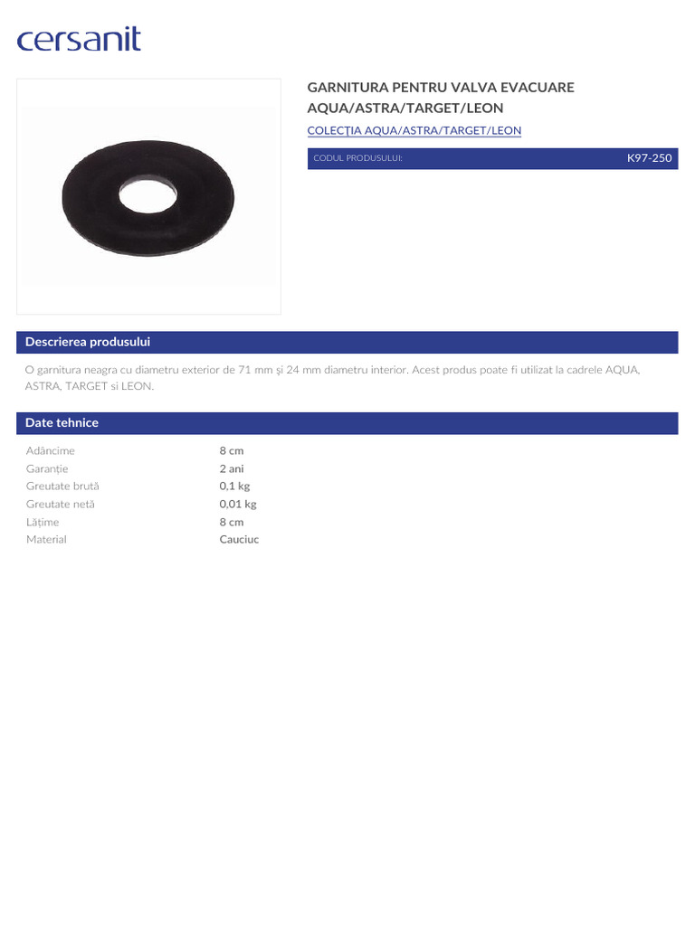 Cersanit Garnitura Pentru Valva Evacuare Aquaastratargetleon | PDF