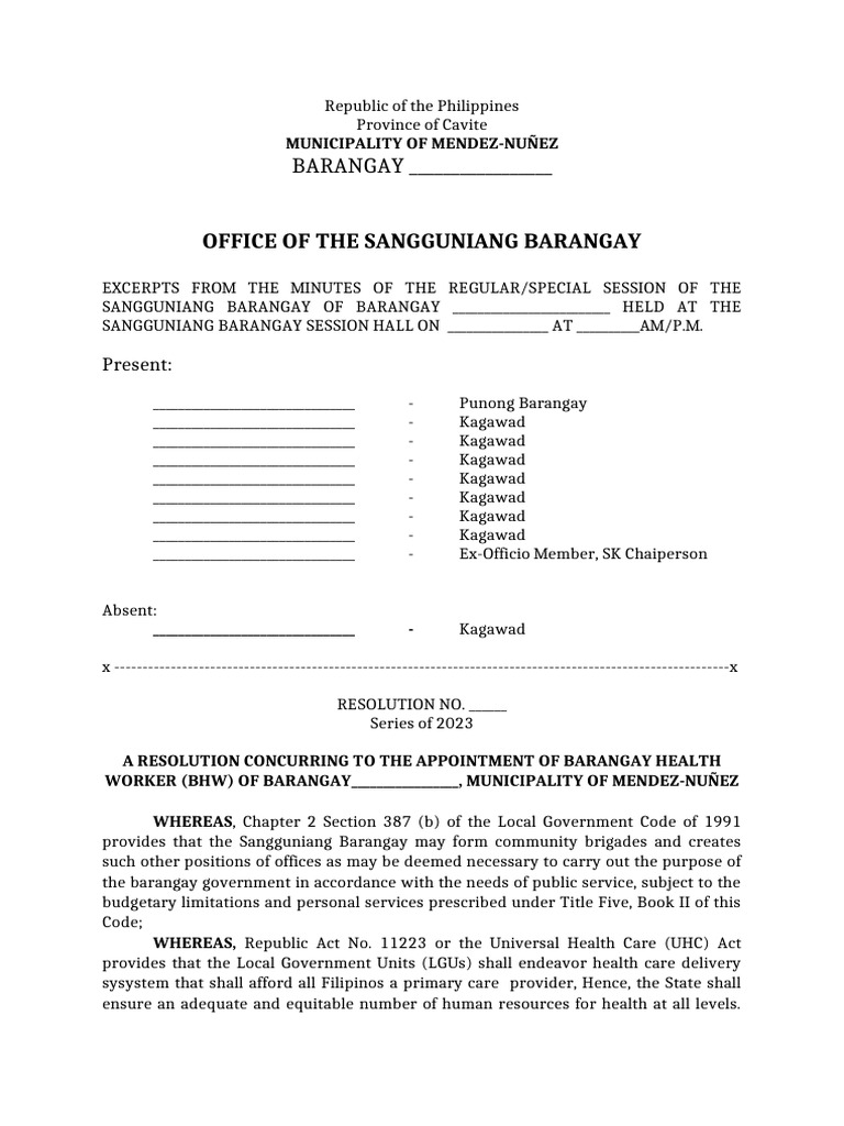 Resolution On The Appointment of Barangay Health Worker | PDF