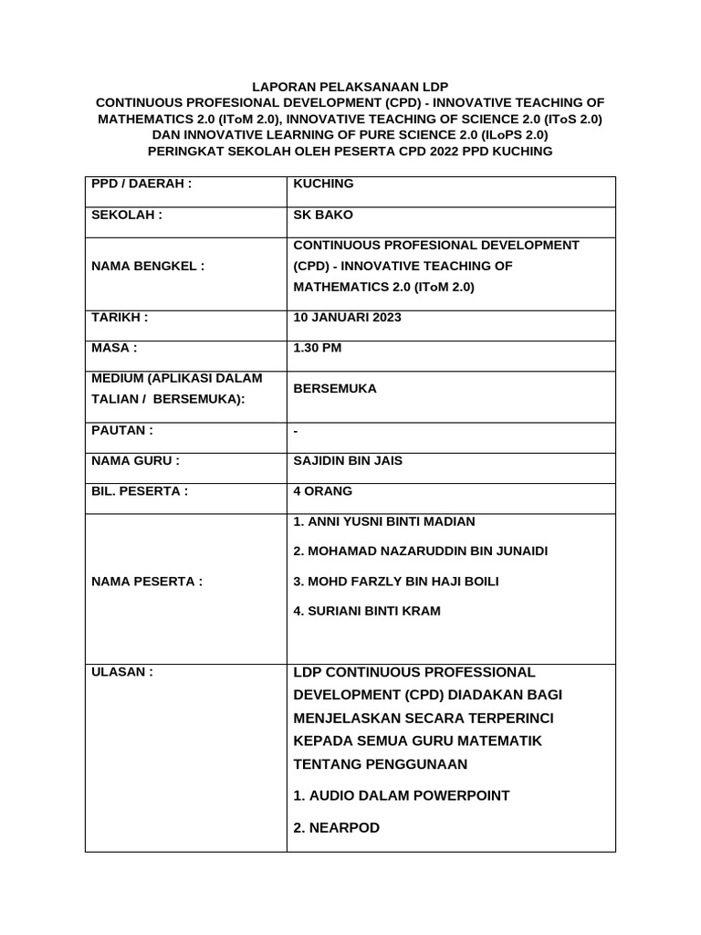 Laporan LDP PLC Perkongsian Peserta CPD Itom, Itos, Ilops 2022 SK Bako ...