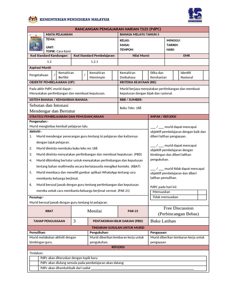 Sebutan Dan Intonasi Mendengar Dan Bertutur: Rancangan Pengajaran Harian Ts25 (PDPC) | PDF