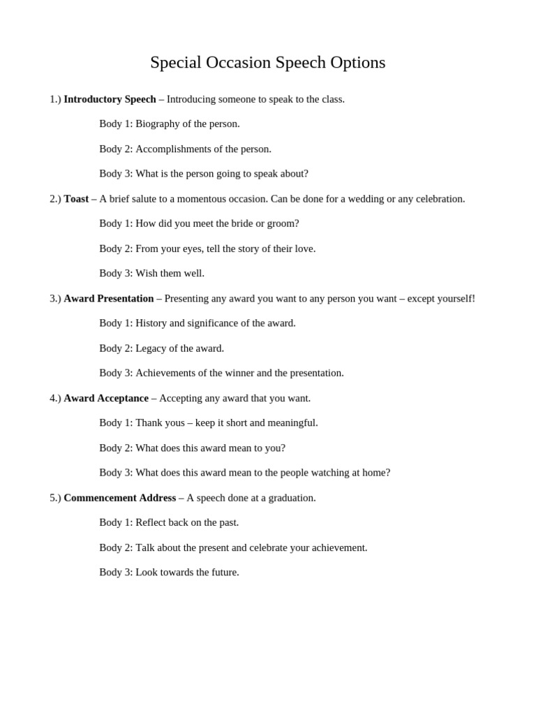Special Occasion Speech Options | PDF