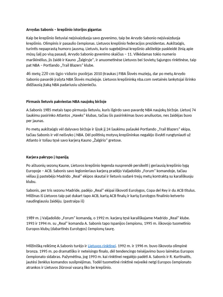 Arvydas Sabonis - Krepšinio Istorijos Gigantas | PDF
