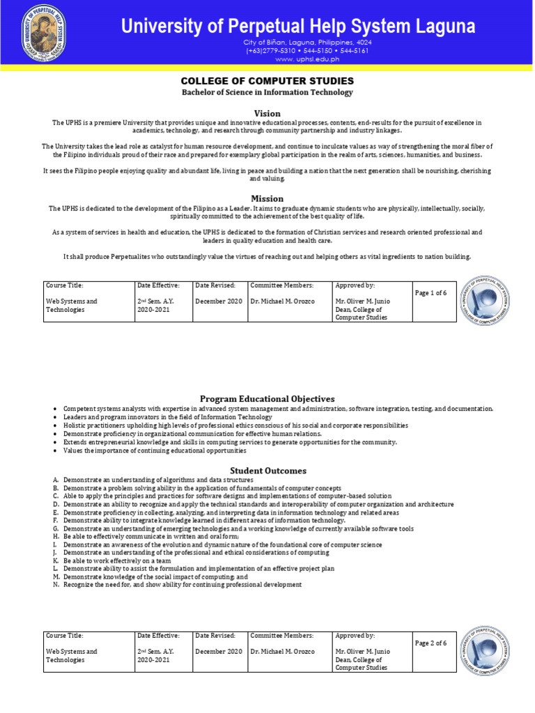 OBE Syllabus 2020 BSIT - Web Systems and Technologies | PDF