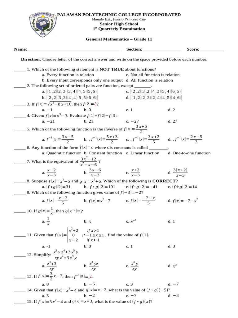 1st Quarterly Exam Grade 11 Gen. Math | PDF