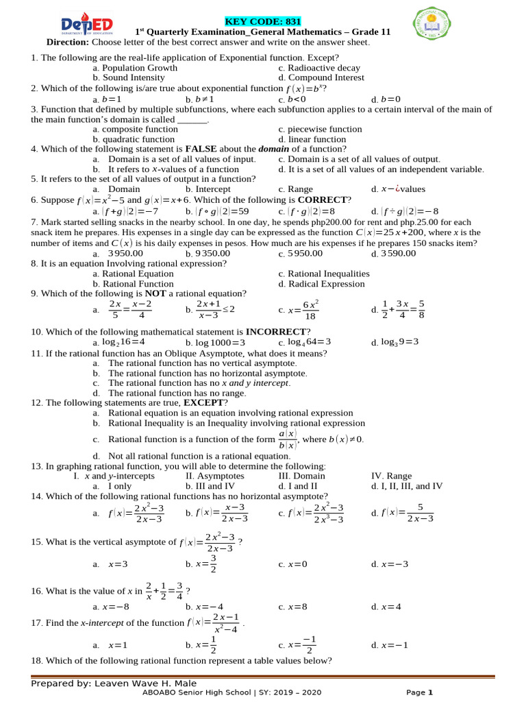 831 2019 2020 1st Quarterly Examination Gen.math | PDF