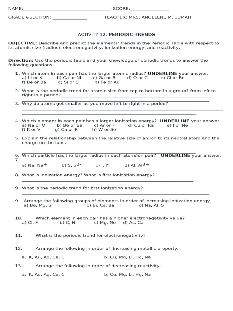 Activity 12 Periodic Trends | PDF