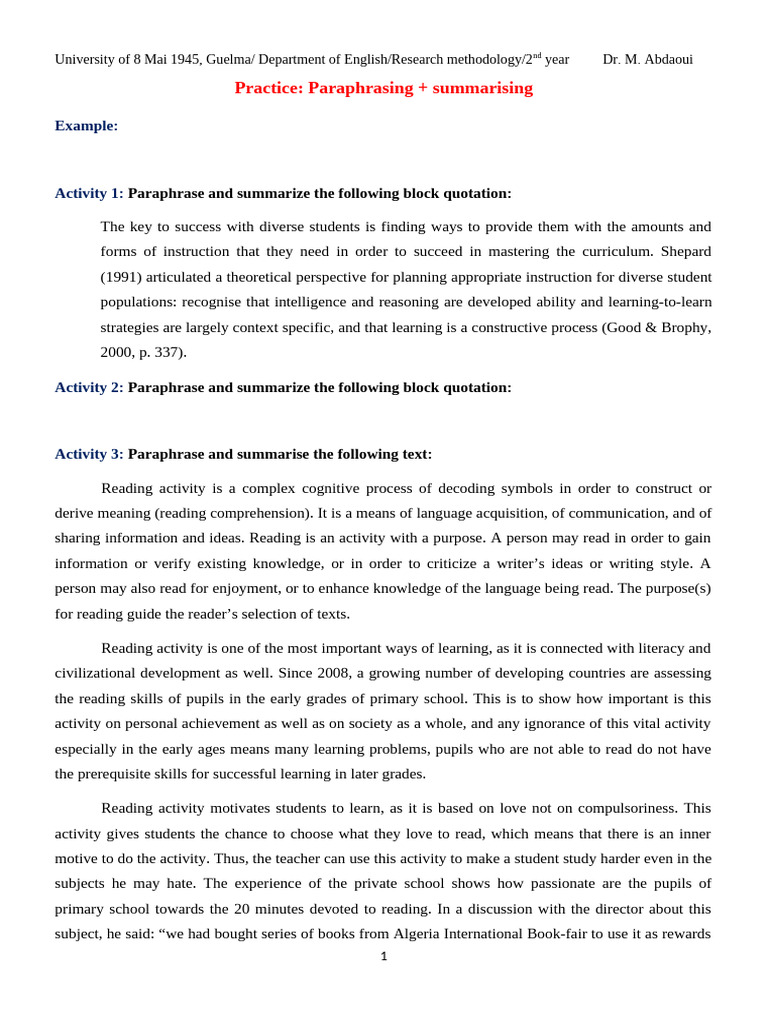 Practice Paraphrasing+Summarising | PDF