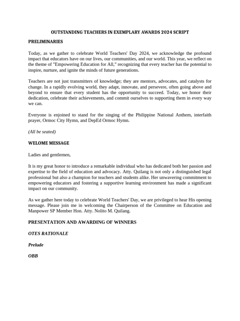 Final Outstanding Teachers in Exemplary Awards 2024 Script | PDF ...