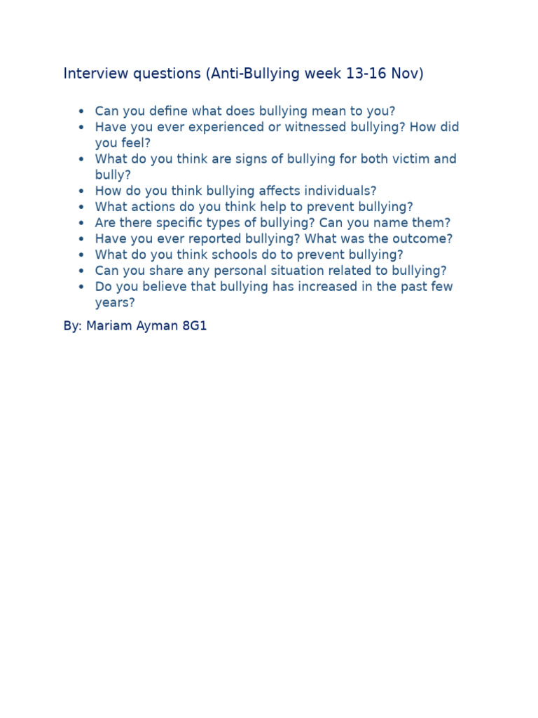 Interview Questions (Anti-Bullying Week) | PDF