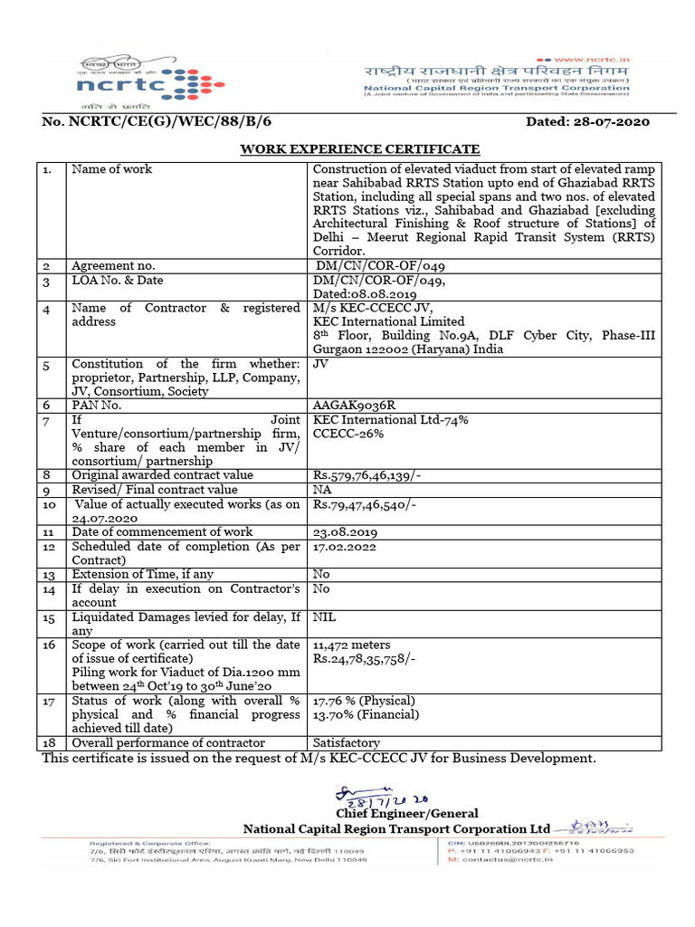 Ms KEC CCECC JV Work Experience Certificate | PDF
