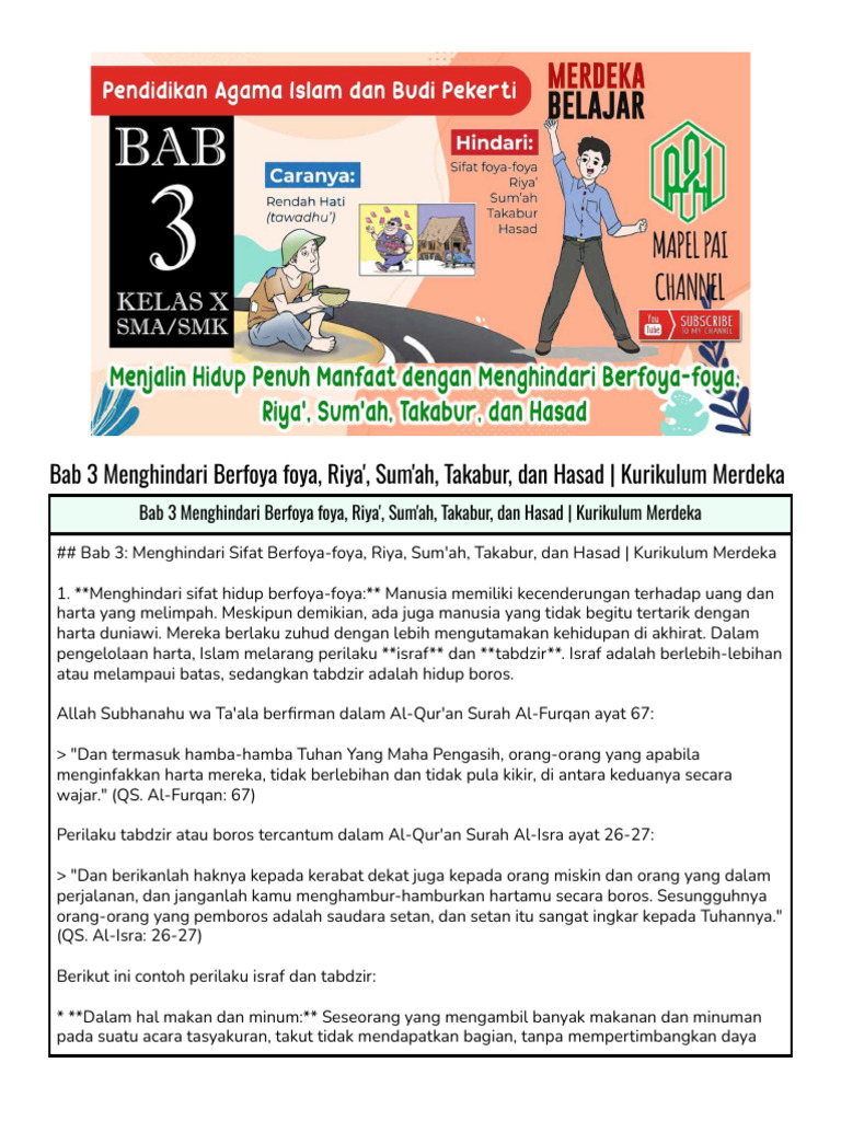 Bab 3 Menghindari Berfoya Foya, Riya', Sum'ah, Takabur, Dan Hasad - Kurikulum Merdeka - by ...