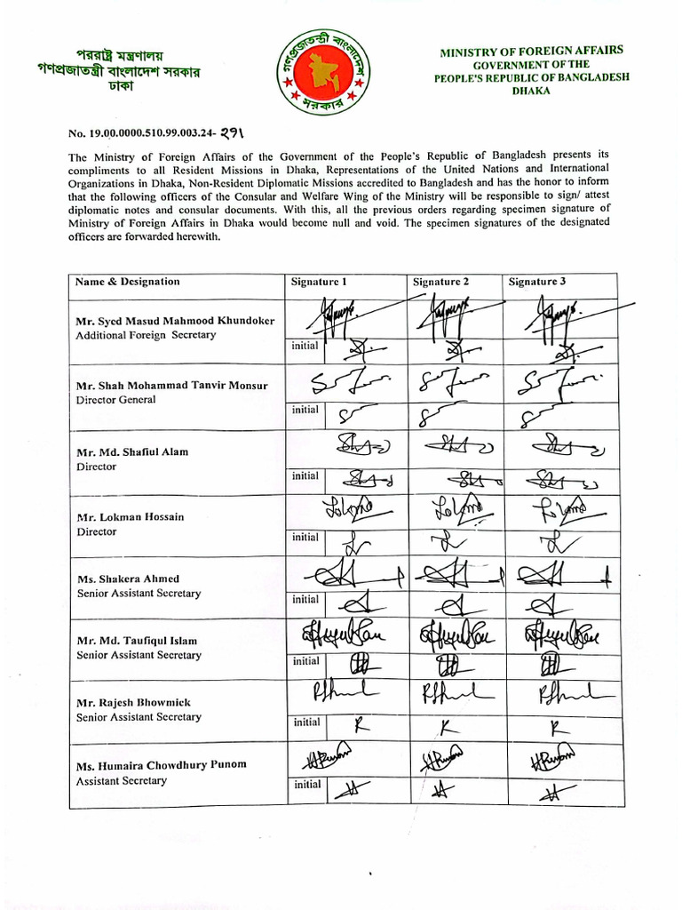 Specimen Signatures of Consular Officials Latest | PDF