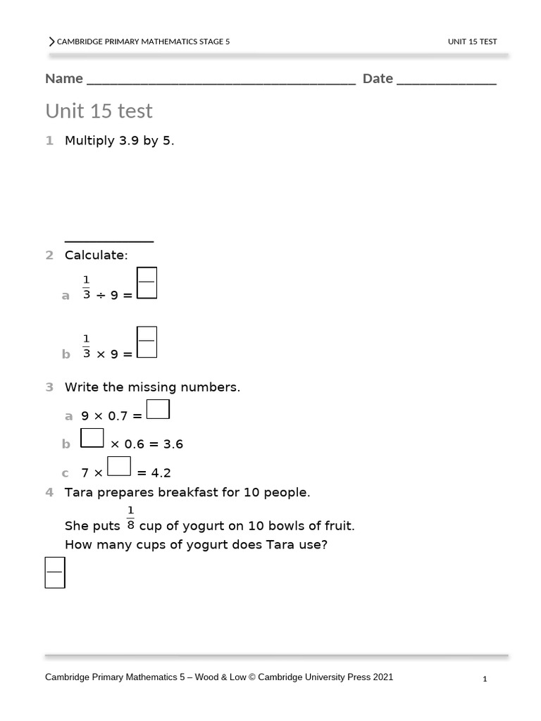 Prim Maths 5 2ed TR Unit 15 Test | PDF