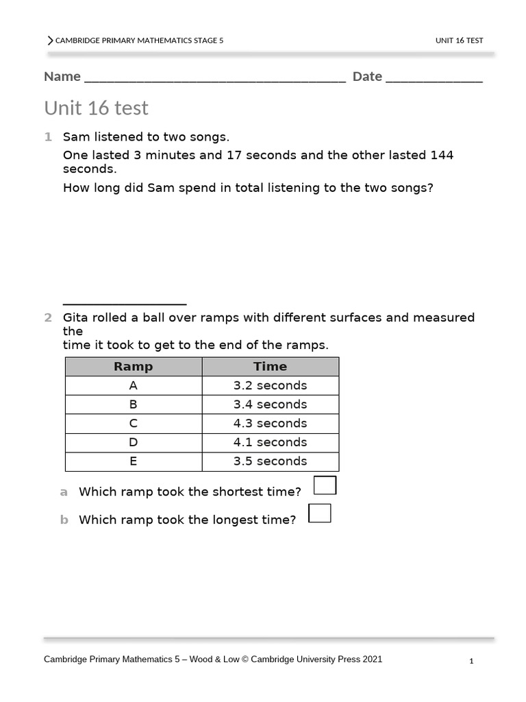 Prim Maths 5 2ed TR Unit 16 Test | PDF