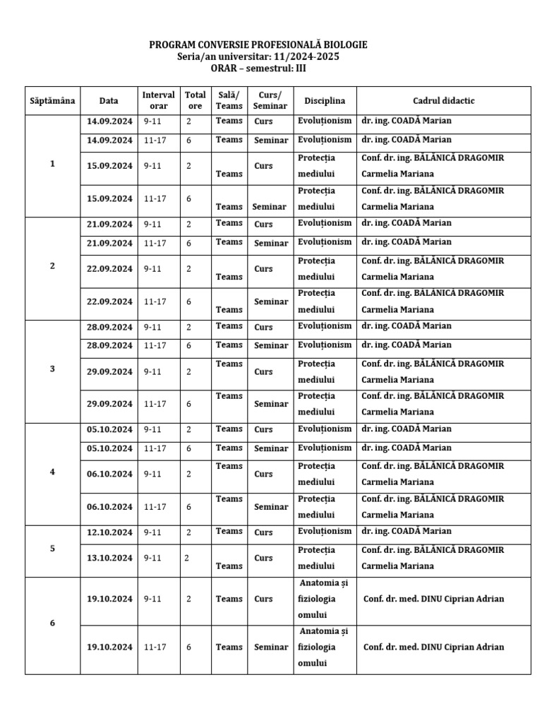 Orar Conversie Biologie S11 Sem3 | PDF
