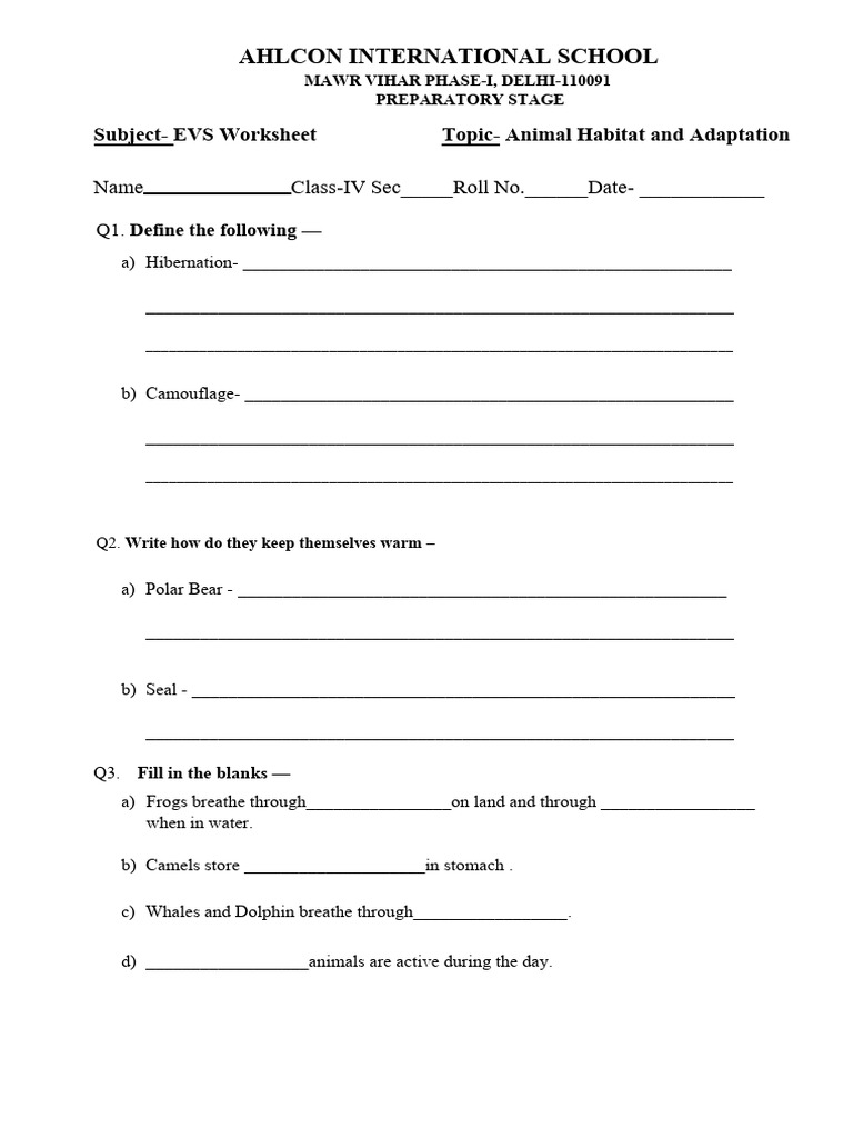 Class-4 - EVS Animal Habitat and Adaptation | PDF