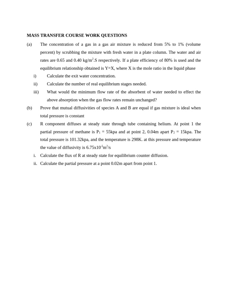 Mass Transfer Tutorial Questions 1 | PDF