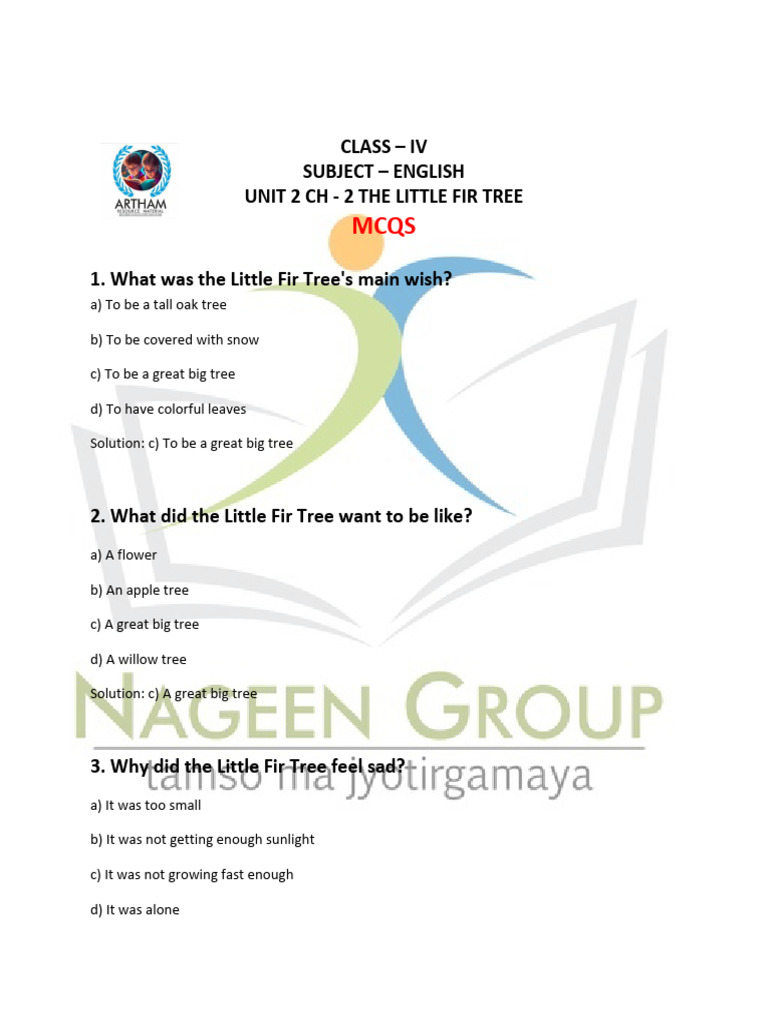 Class-4 English Unit-2 CH-2 MCQS-1 | PDF | Teachers | Trees