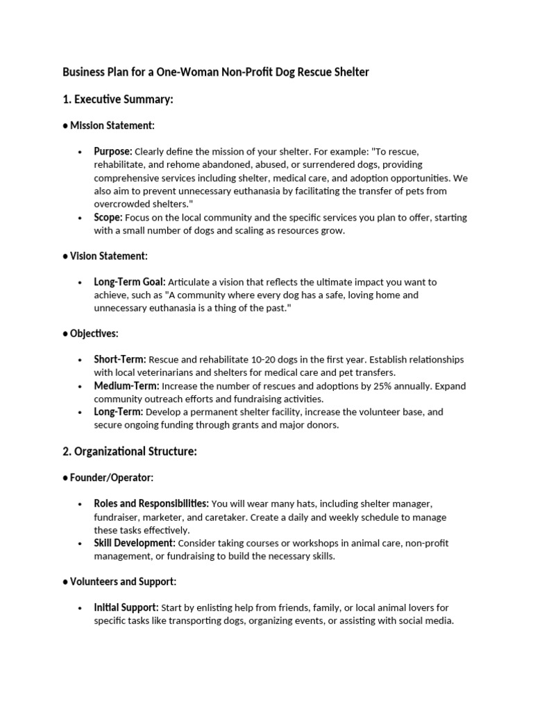 Business Plan For A One-Woman Non-Profit Dog Rescue Shelter | PDF