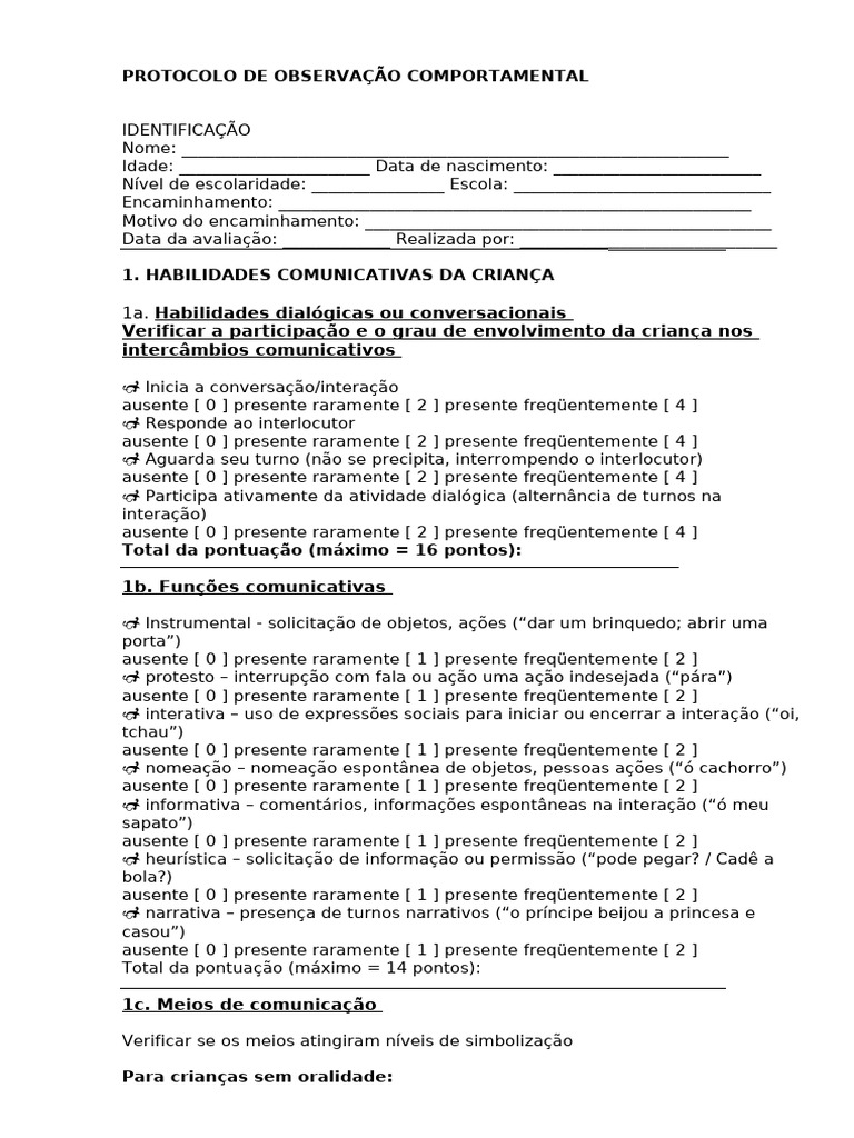 Protocolo de Observação Comportamental | PDF | Comunicação | Carreira e ... Protocolo de Observação Comportamental | PDF | Comunicação | Carreira e ...