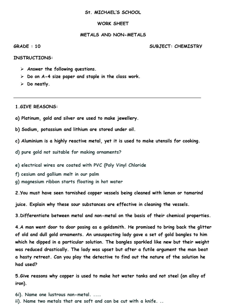 gr-10 Metals and Non Metals Work Sheet | PDF