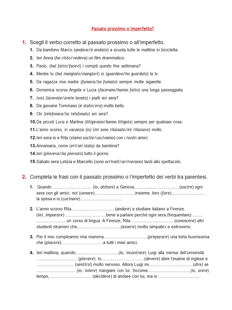 Passato Prossimo - Imperfetto Final | PDF